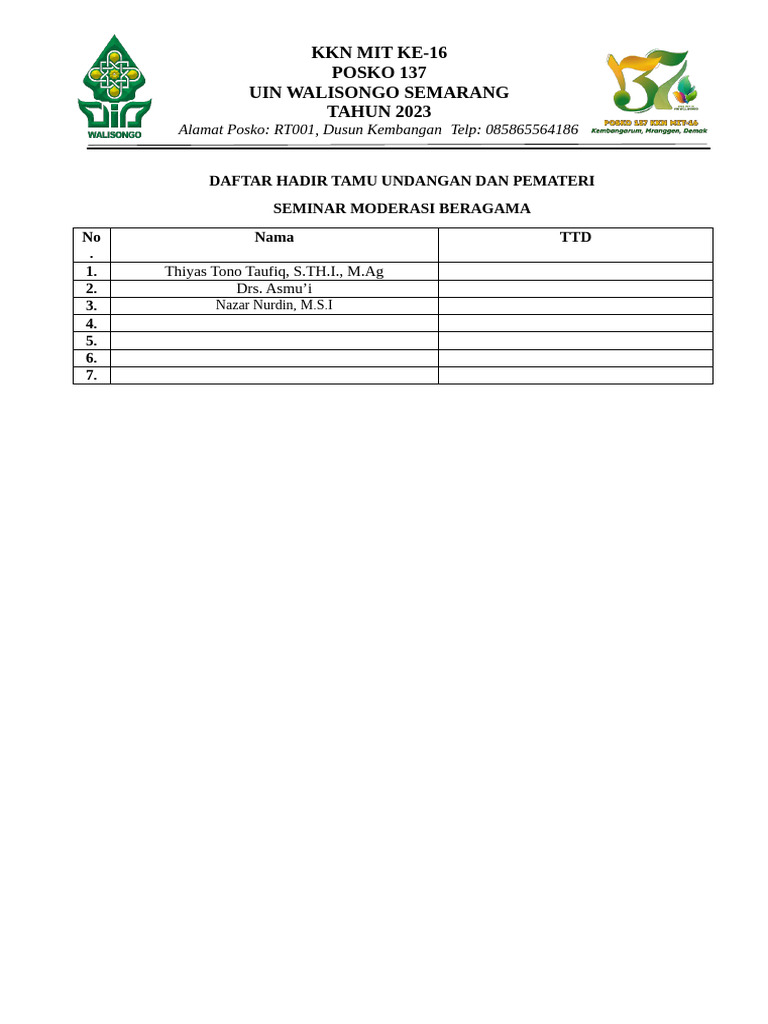 Daftar Hadir Tamu Undangan Dan Pemateri | PDF