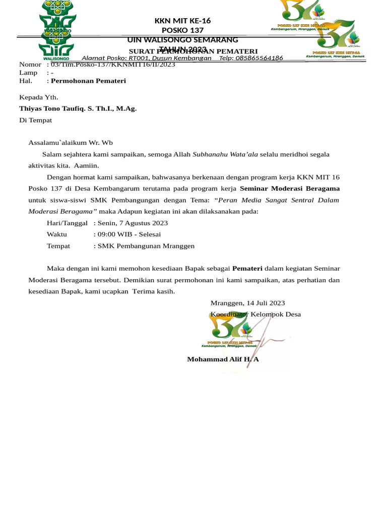 Surat Permohonan Pemateri_pak Ilyas | PDF