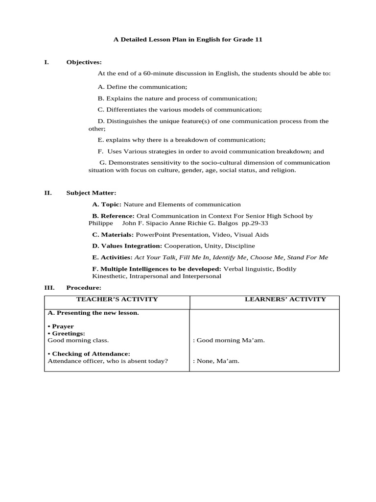 A Detailed Lesson Plan in English For Grade 11 Oral Communication | PDF