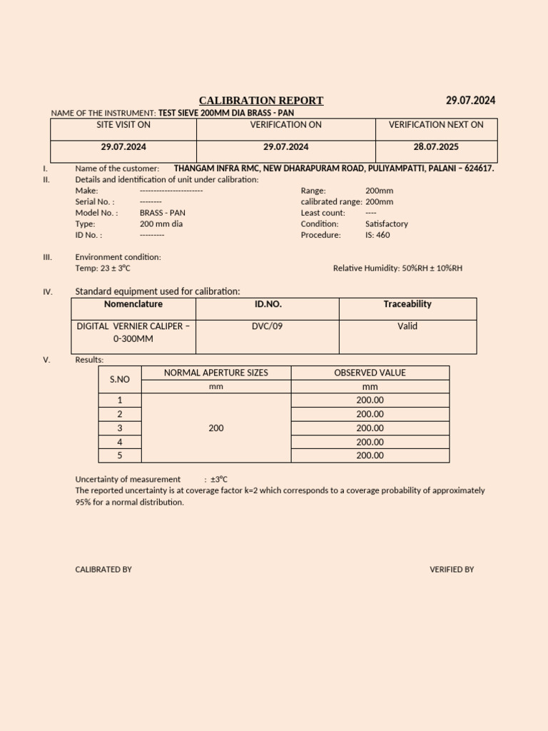Calibration Report For Brass Test Sieves 200MM - Pan | PDF