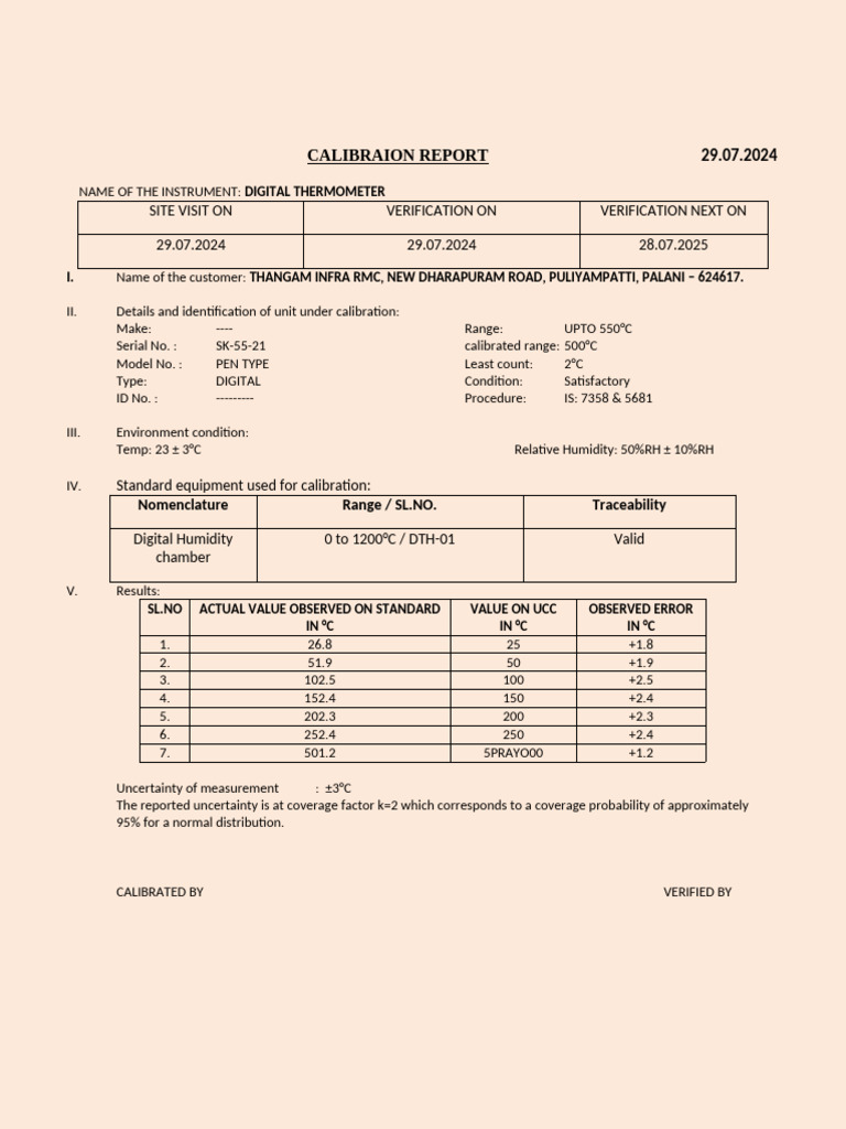 Calibration Report For Digital Thermometer-Thangam RMC | PDF