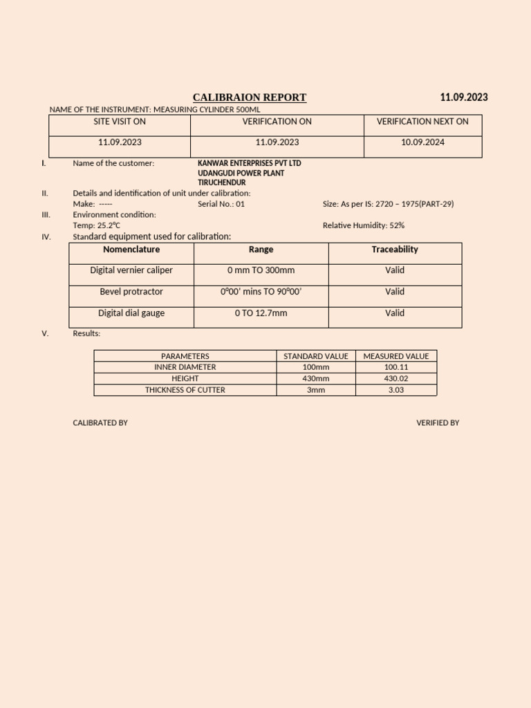 Calibration Report For Measuring Cylinder 500ml-01 | PDF