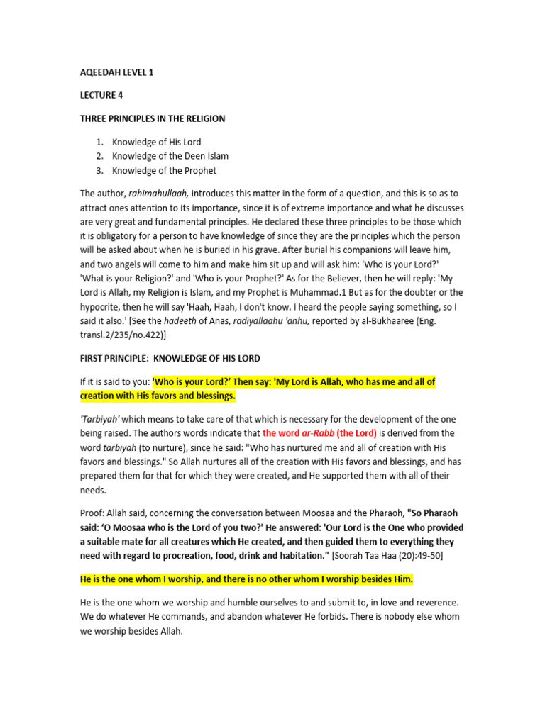 Aqeedah Level 1 - Lecture 4 | PDF