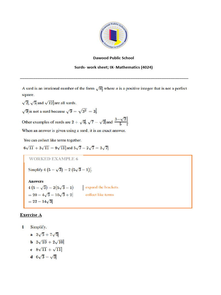 Surds - Work Sheet - IX - Mathematics (4024) | PDF