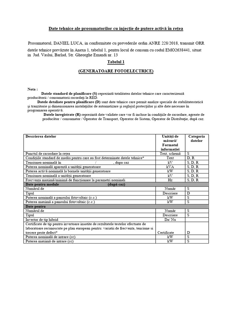 02 - Ordin ANRE 228-2018 - Anexa 1 - Date Prosumator Cu Injectie | PDF