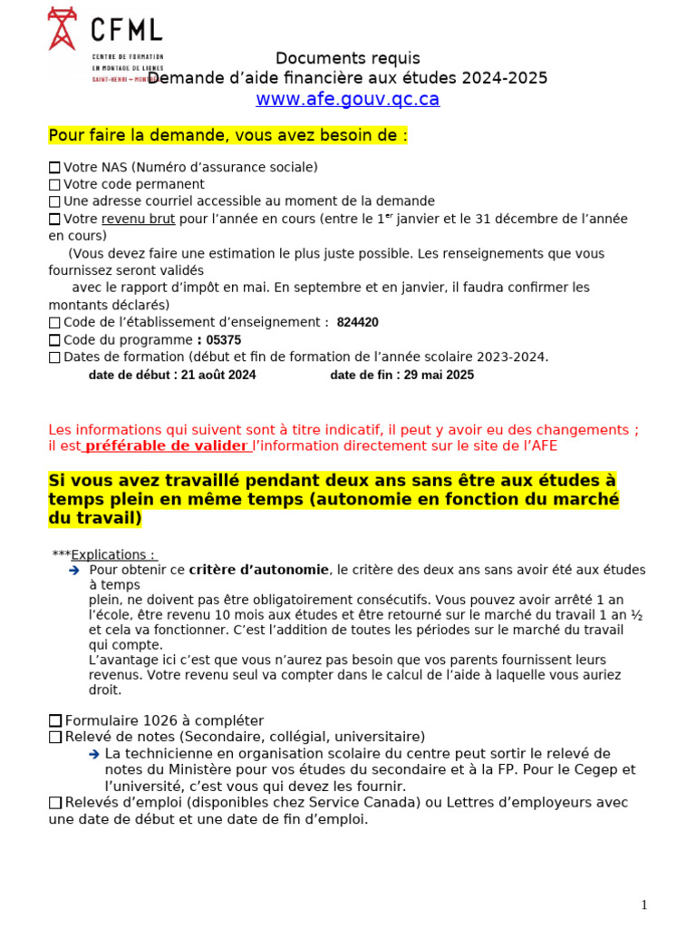 CFML Documents Requis AFE 2024 2025 2 | PDF