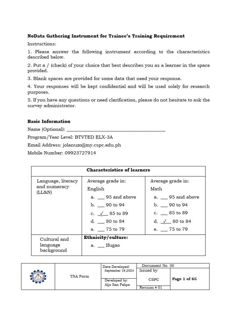 TNA Form AljSs1 | PDF