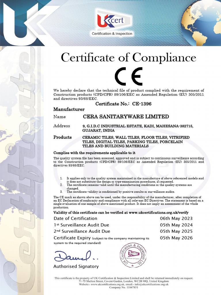 Cera Tiles CE Certificate Valid Till May 2026 | PDF