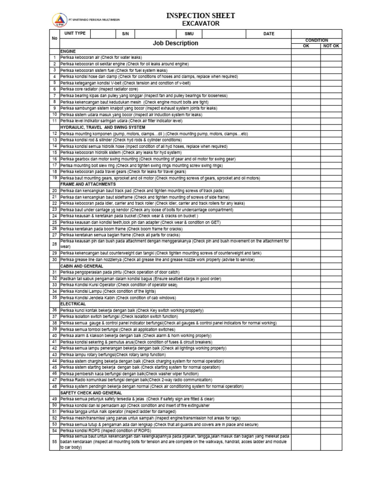 Inspection Sheet EXCA | PDF