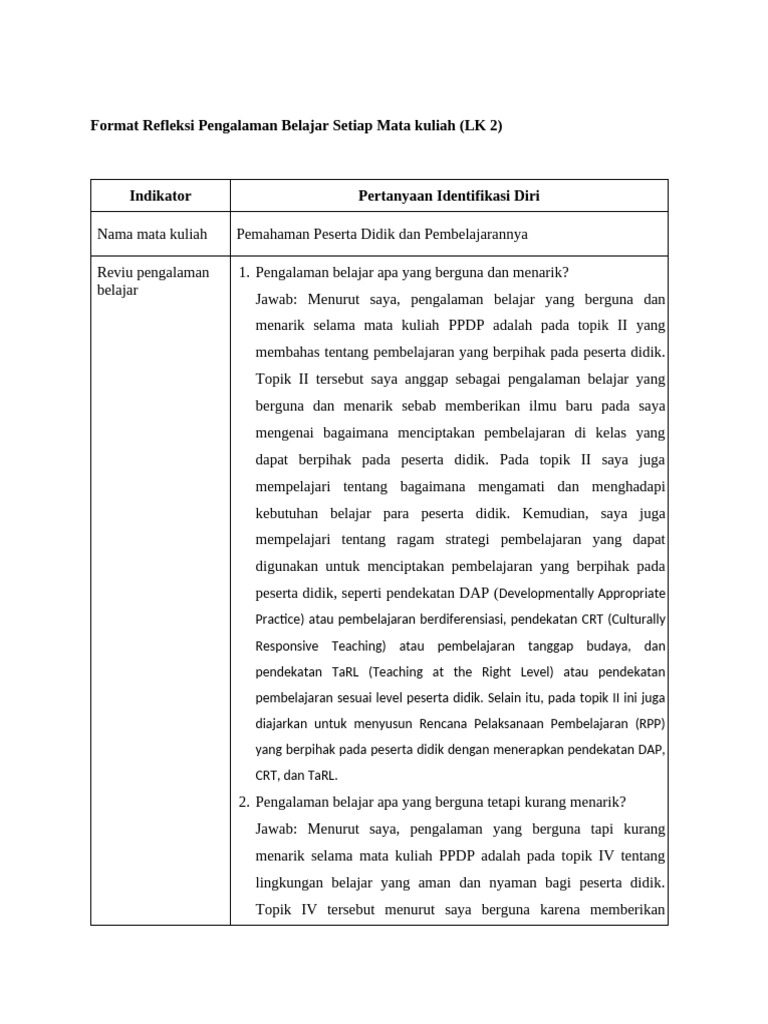 Refleksi Pembelajaran PPDP | PDF