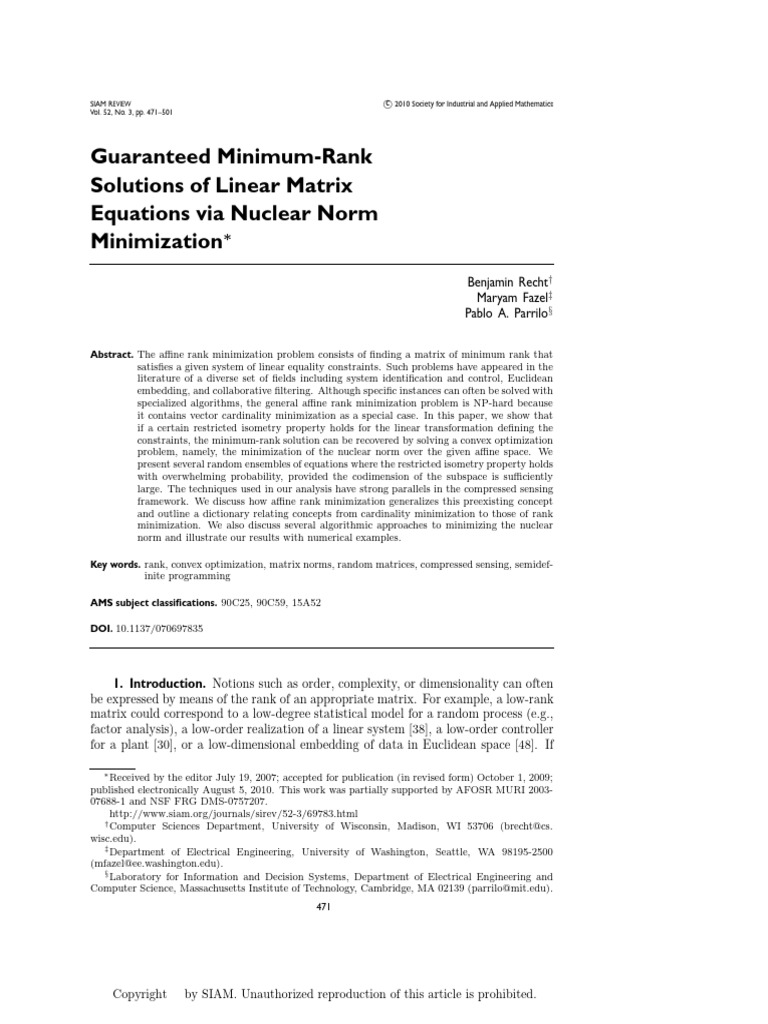 Guaranteed Minimum-Rank Solutions of Linear Matrix Equations Via Nuclear Norm Minimization | PDF