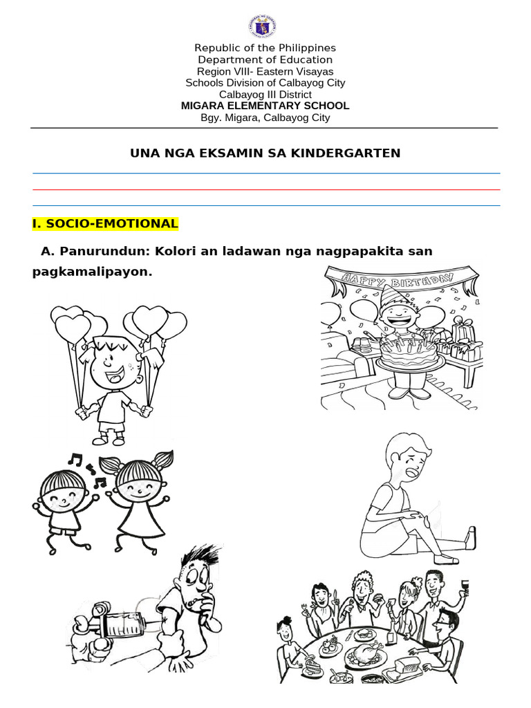 Kindergarten Exam First Quarter | PDF