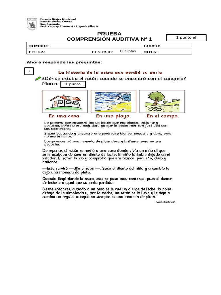 Prueba de Comprensión Lectora Primero Basico | PDF