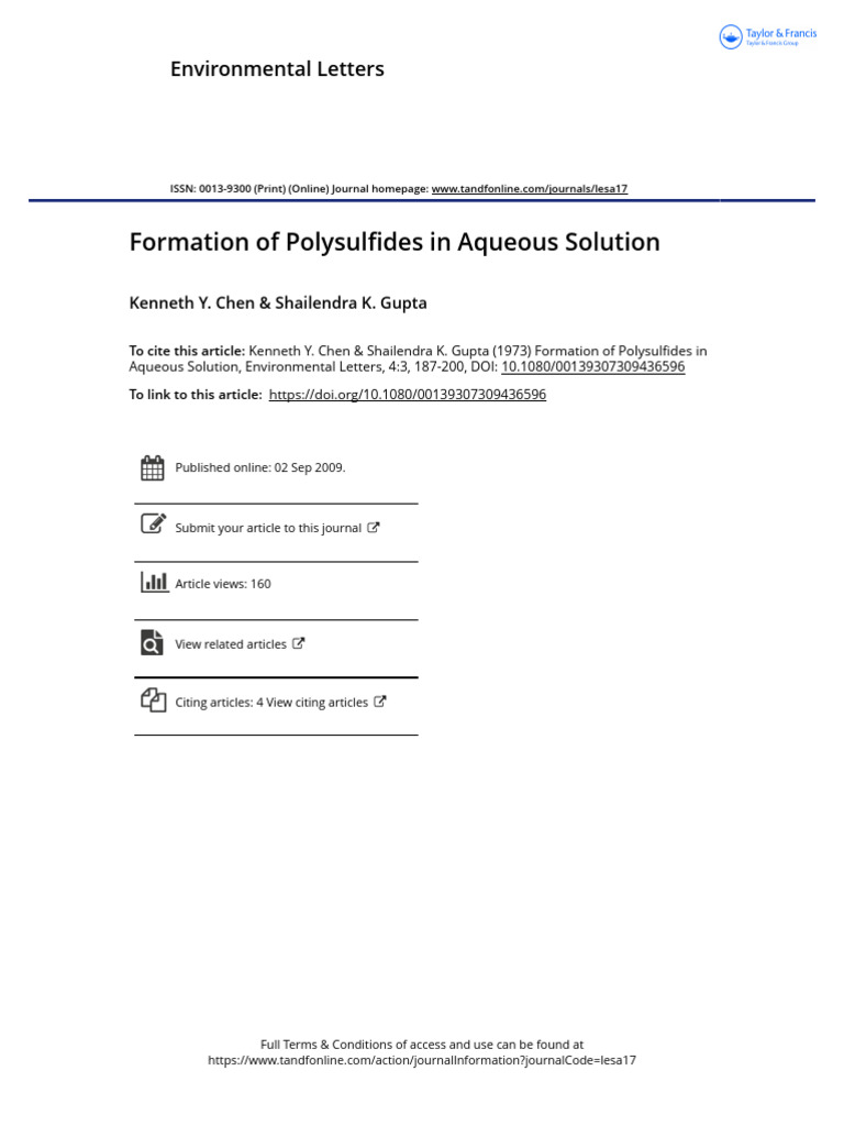 Formation of Polysulfides in Aqueous Solution | PDF