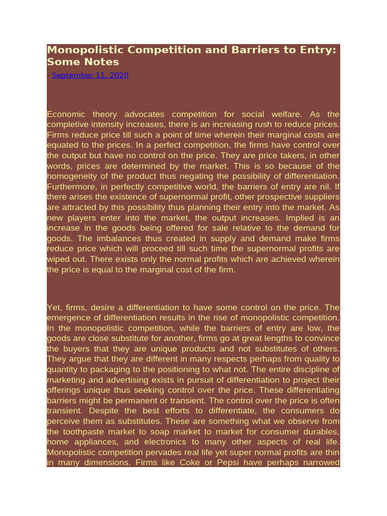 Monopolistic Competition and Barriers To Entry | PDF
