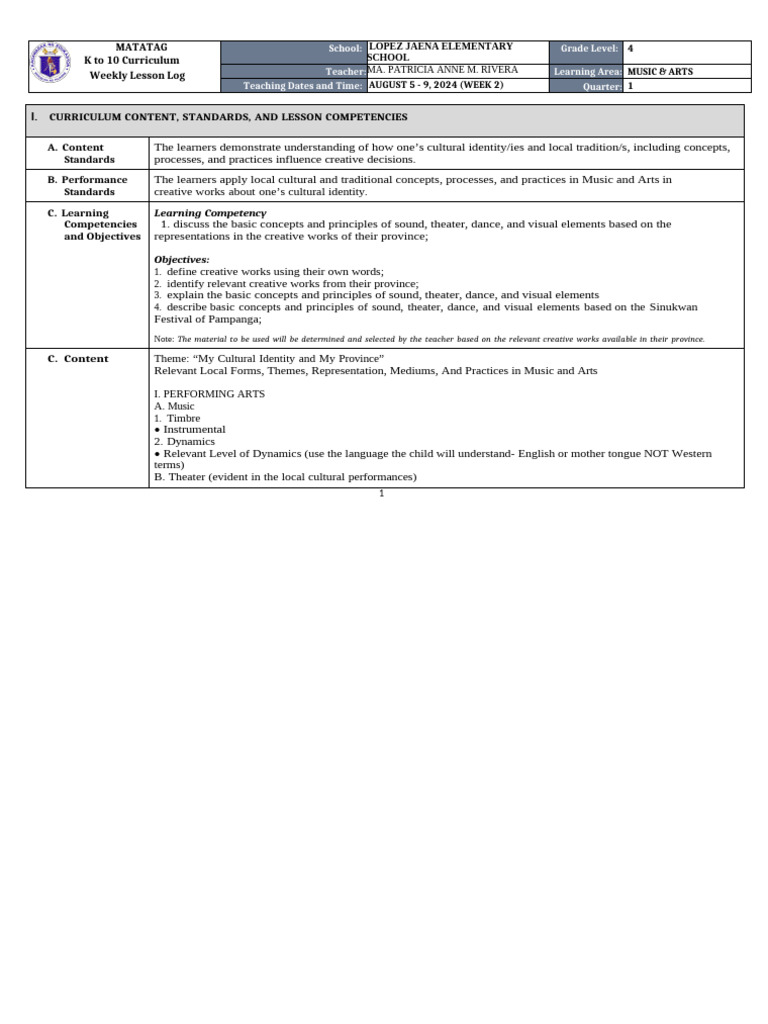 DLL Matatag - Music & Arts 4 q1 w2 | PDF