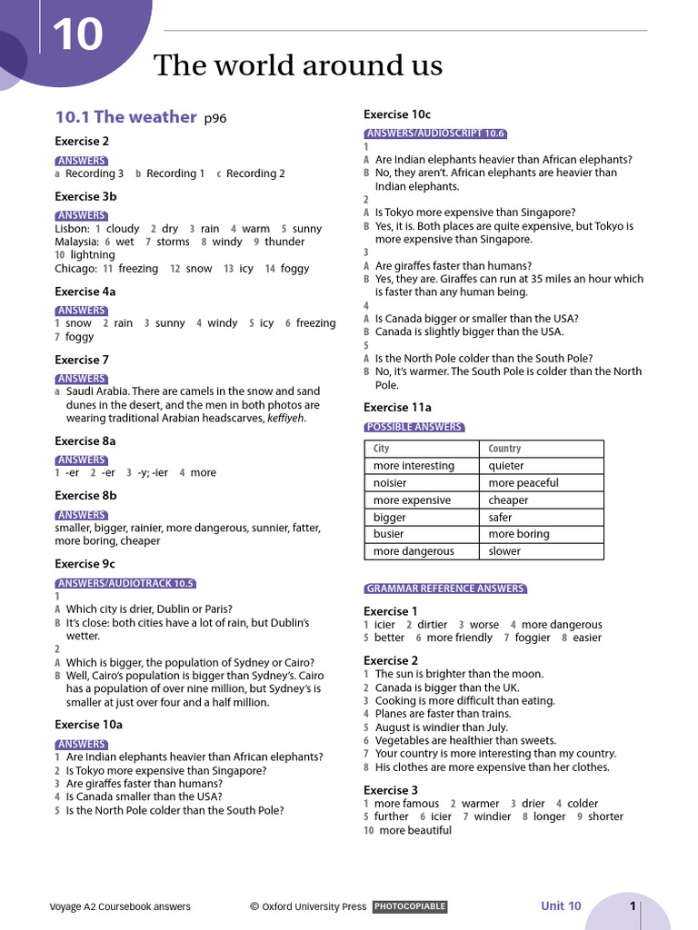 Voyage A2 Answer Key U10 | PDF