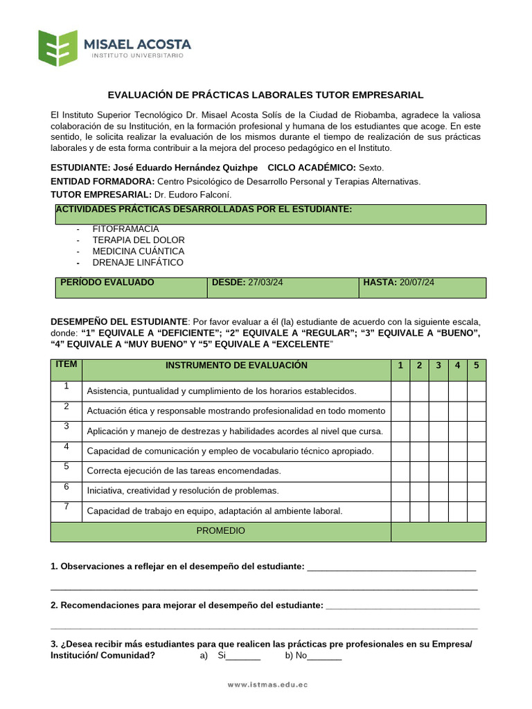 6. Evaluacion de Practicas Tutor Empresarial Final | PDF