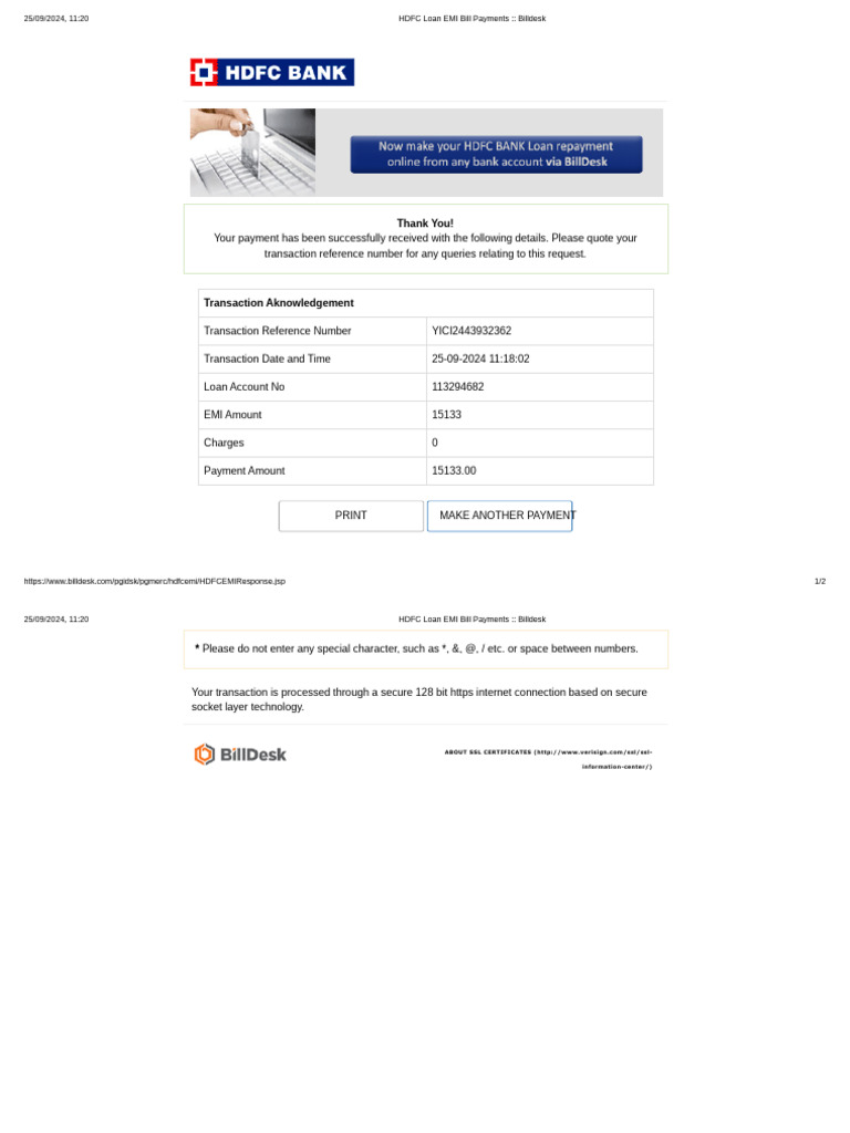 HDFC Loan EMI Bill Payments - Billdesk | PDF