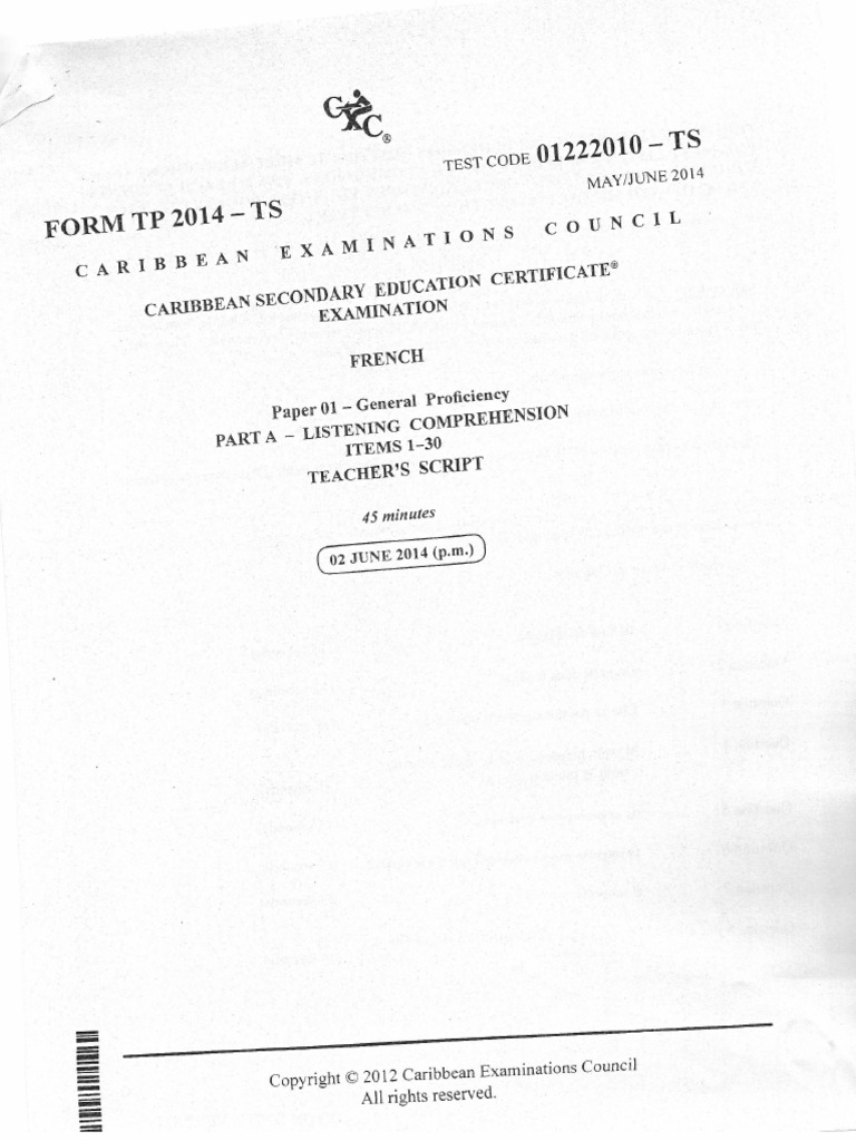 2014 CSEC French Paper 1 Teacher and Student Scripts | PDF