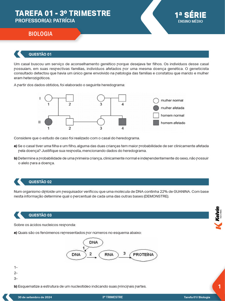 (30.09) Biologia - Tarefa 01 - 1 Série - 3º Trimestre | PDF