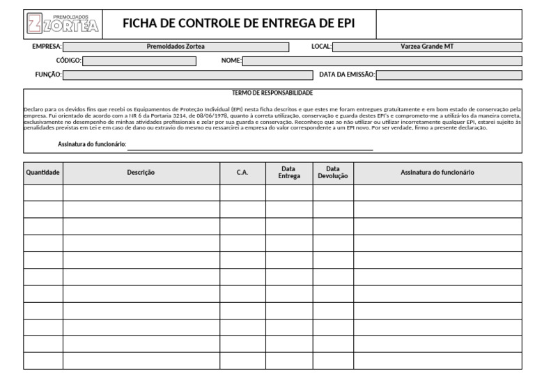 Anexo 01 - EPI001 - Ficha - de - Controle - de - Entrega - de - EPI | PDF