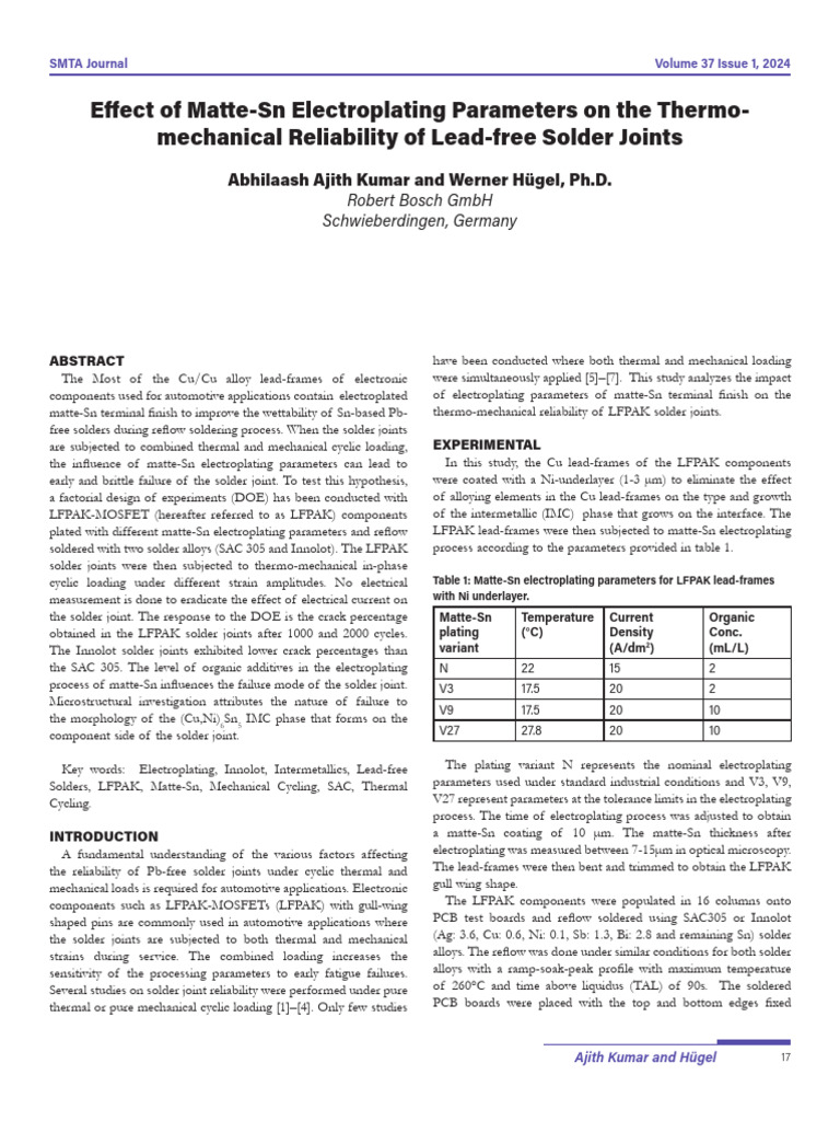 JSMT2024 - Effect of Matte SN Electroplating Parameters On SJR | PDF