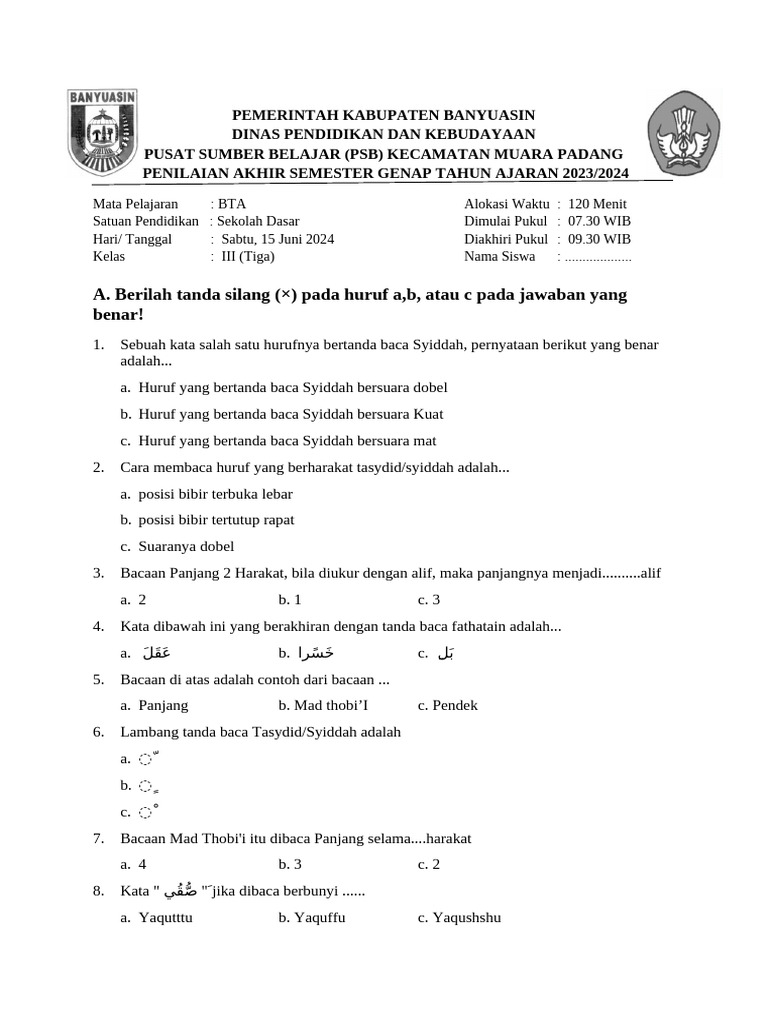 Soal BTA Kls 3 Genap | PDF