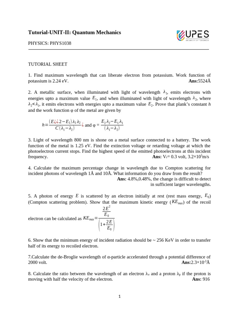 PHYSICS QUQANTUM UNIT 2 Tute sheet | PDF