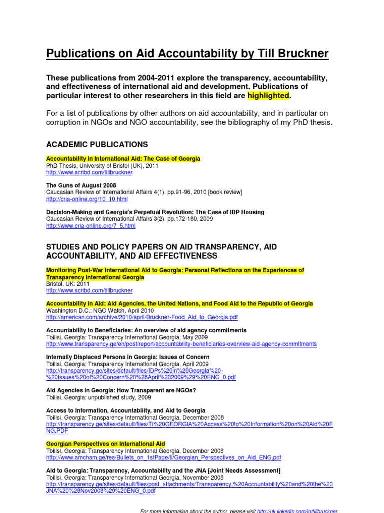 Publications On Aid Accountability by Till Bruckner | PDF | Georgia ...