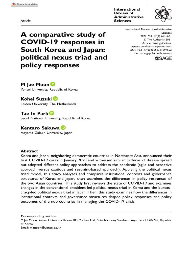 Jae Moon Et Al 2021 A Comparative Study of Covid 19 Responses in South ...