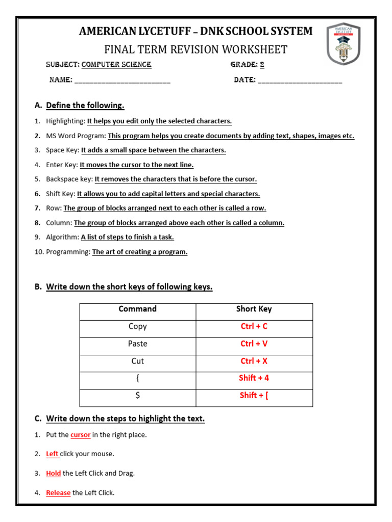 Grade 2 - Revision Worksheet - Answer Key | PDF