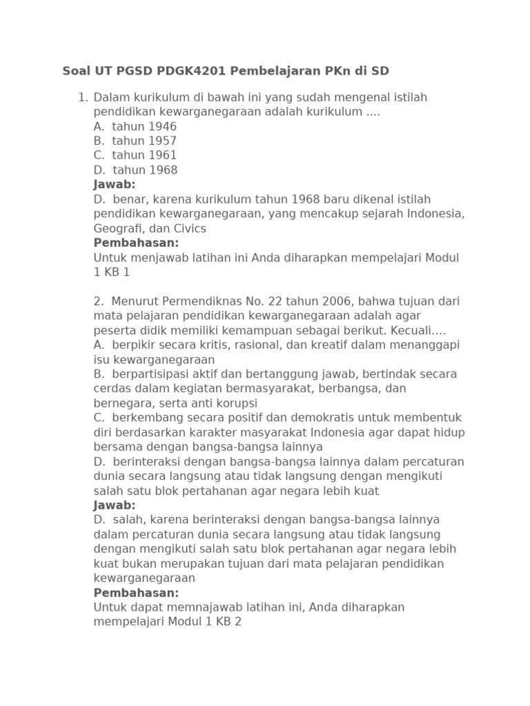 Soal UT PGSD PDGK4201 Pembelajaran PKN Di SD | PDF
