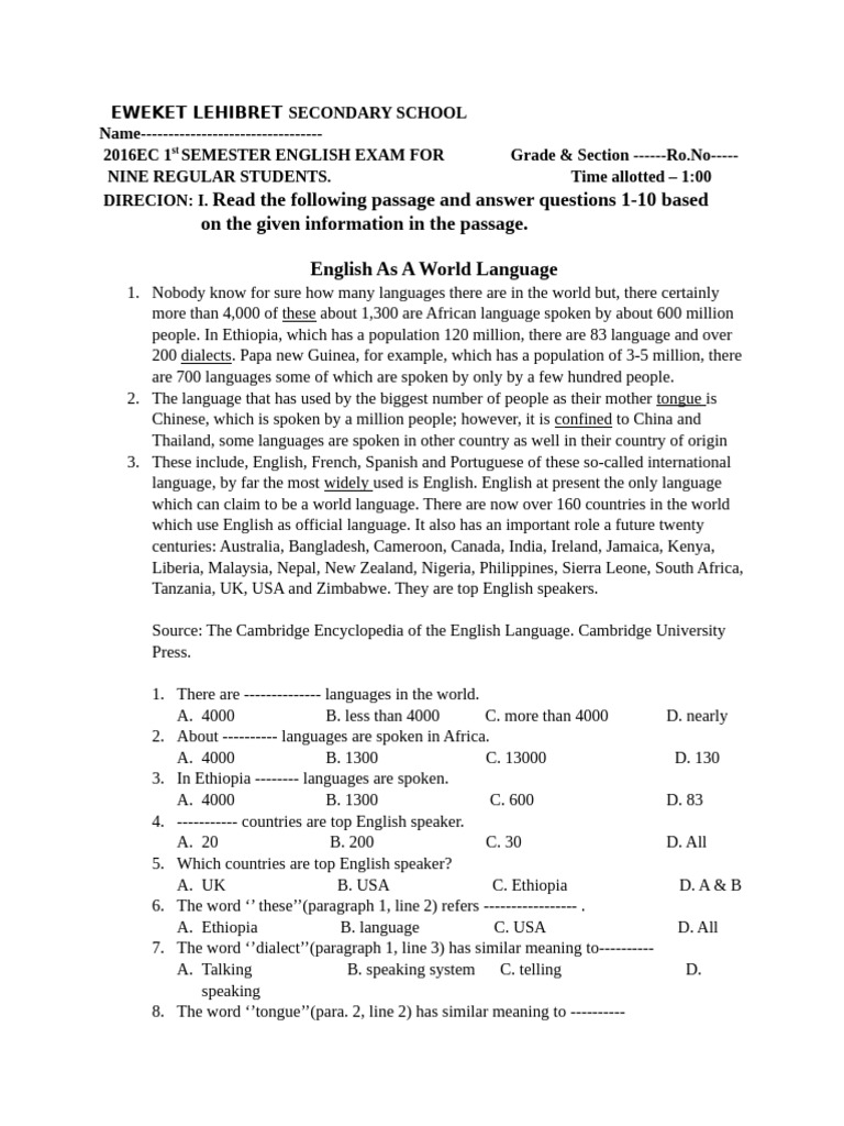 1st Sem Eng Exam G9 2016EC | PDF | English Language | Linguistics