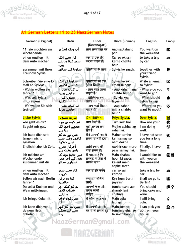 A1 German Letters 11 To 25 NaazGerman Notes | PDF