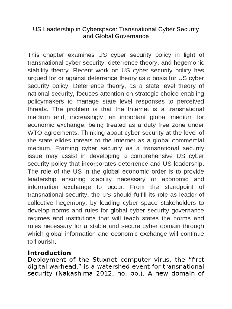 US Leadership in Cyberspace | PDF | Hegemony | Deterrence Theory