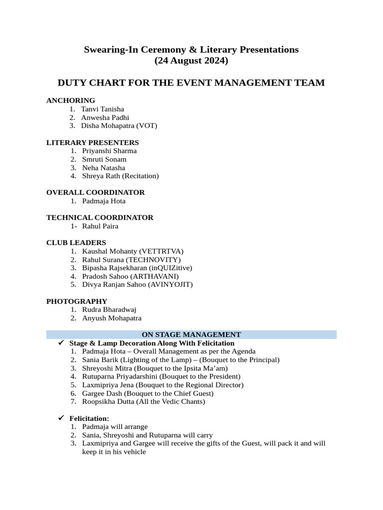 Duty Chart - Event Management Team | PDF