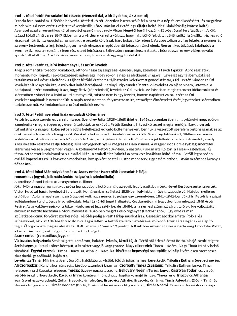 11osztaly Irodalom Feleves Tetelek | PDF