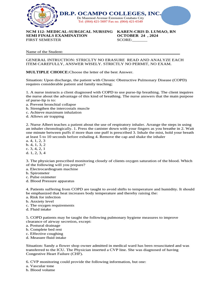 NCM 112 Semi Final Examination | PDF