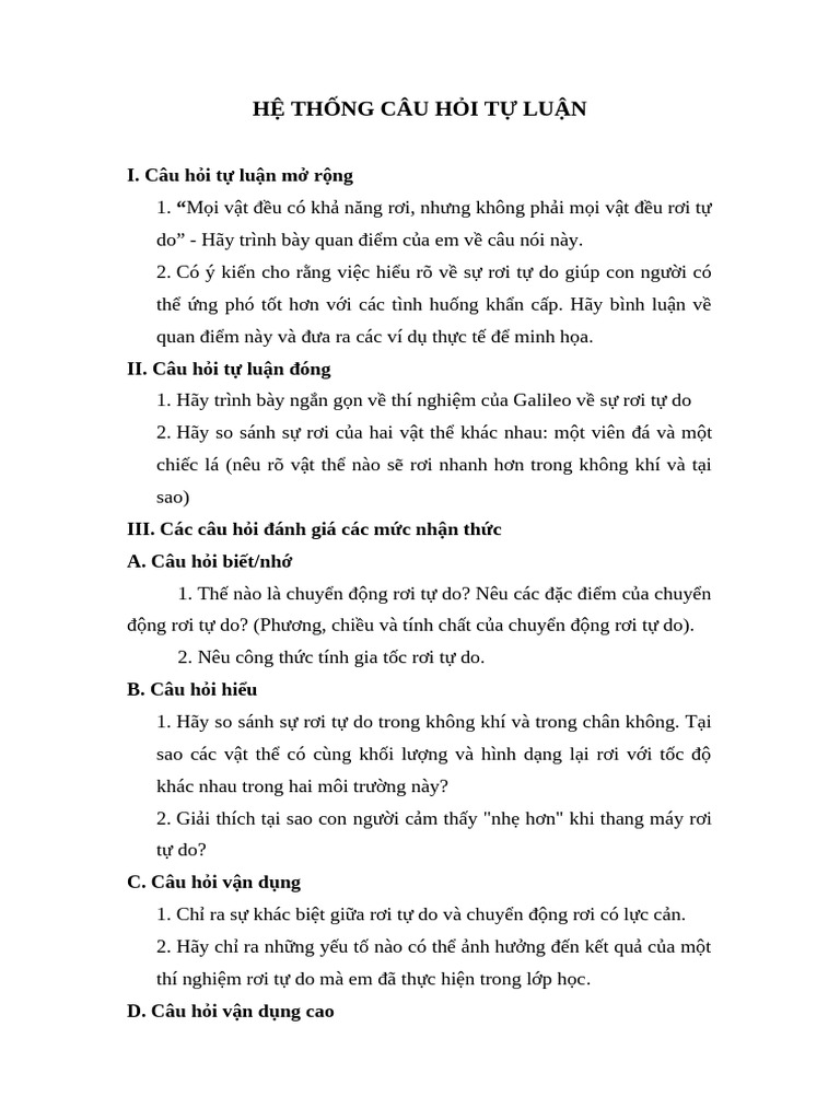 Câu hỏi tự luận Rơi tự do các mức độ | PDF