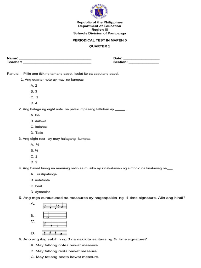 MAPEH 5 Q1 PT- 2023-2024 | PDF