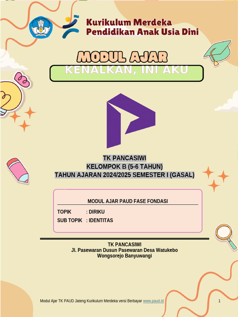 37 Modul Ajar TK B 2024 2025 Smt1 01 Kenalkan | PDF
