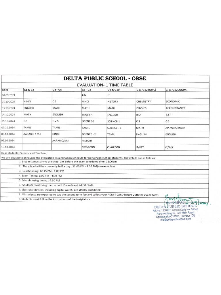 Evaluation 1 Time Table 2024 | PDF