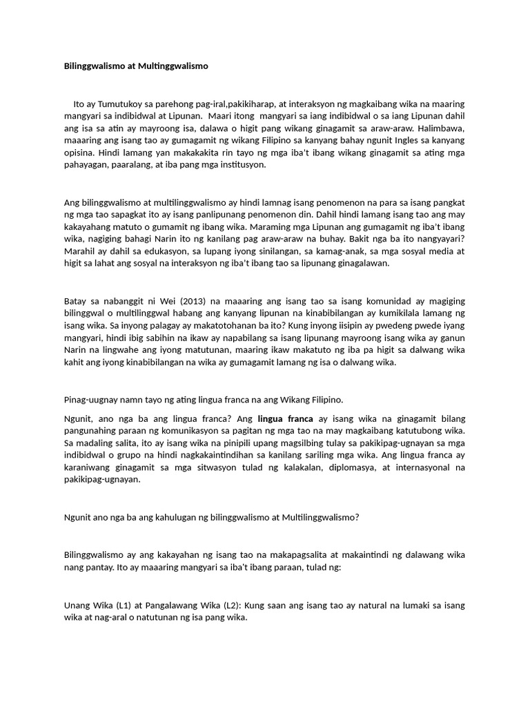 Bilinggwalismo at Multinggwalismo | PDF