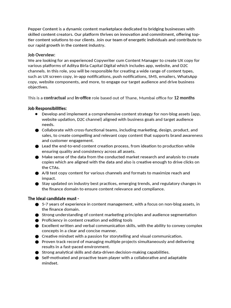 Job Description Copywriter - Non-Blog Assets | PDF