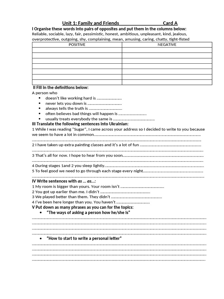 Unit 1: Family and Friends Card A | PDF