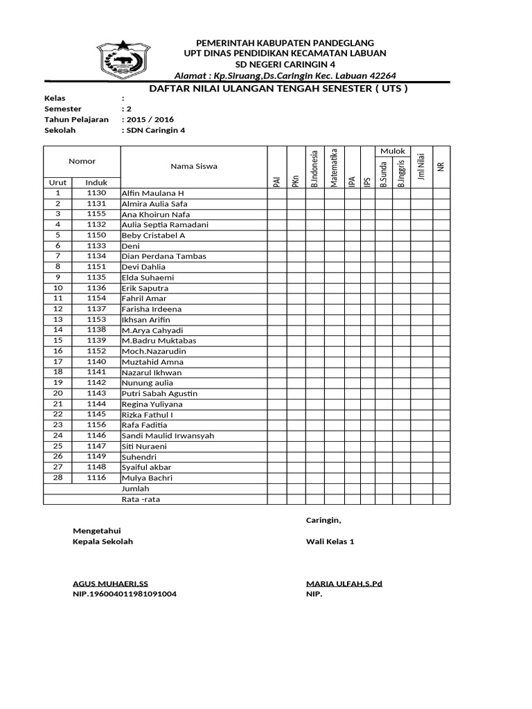 Format Nilai Uts Semester 1 c4 | PDF