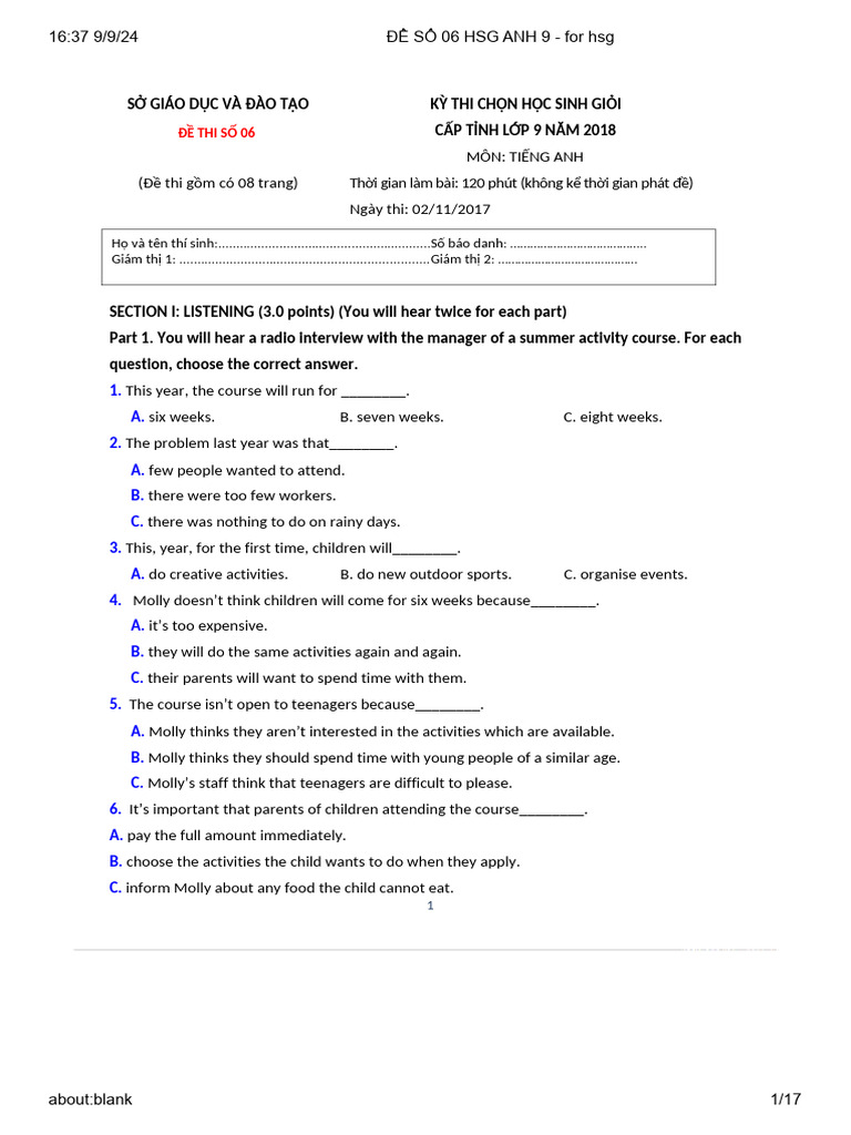 Bo de Thi Hoc Sinh Gioi Tieng Anh Truong Dai Hoc Ngoai Ngu Dai Hoc Da 119569 | PDF