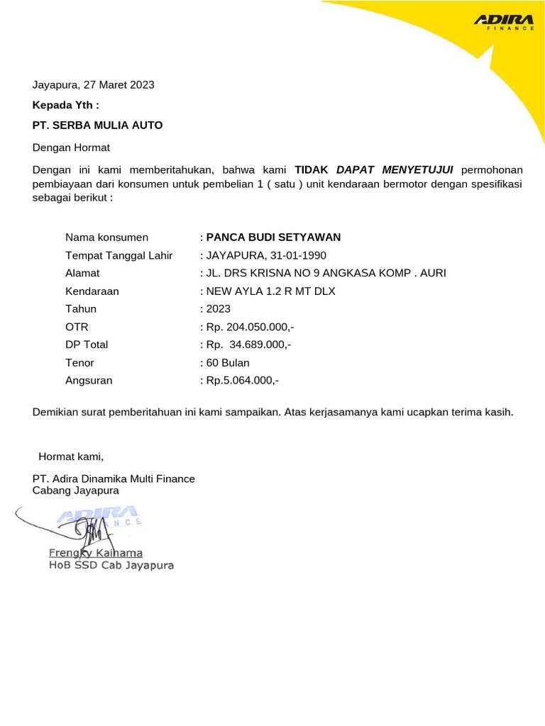 SURAT REJECT ADIRA new fr-2 | PDF