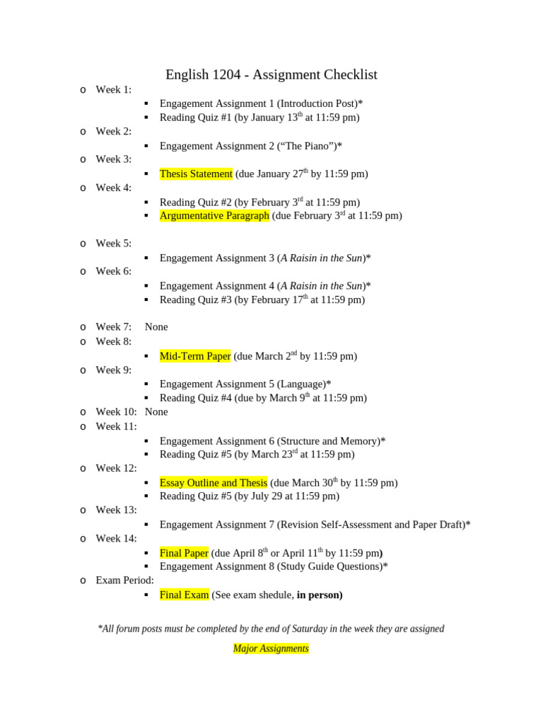 English 1204 Assignment Checklist | PDF